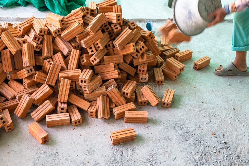 Asian Worker Prepared Red Brick for Building Wall in the Work Site ...