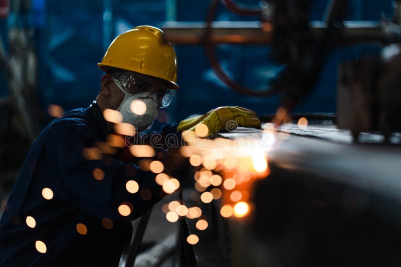 Asian Worker Using CNC Plasma Cutter Stock Photo - Image of mask ...