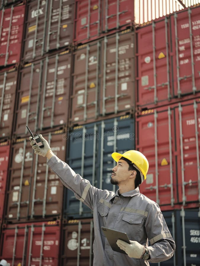 Asian Worker Wearing Safety Helmet and Using Walkie Talkie Stock Photo ...