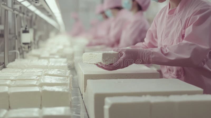 Asian Workers in Pink Uniforms Processing Tofu in Factory Setting Stock ...