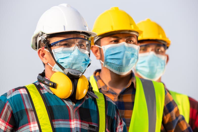 Asian Workers Wear Protective Face Masks for Safety in Construction ...