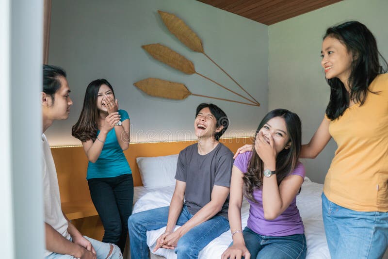 Asian Young Friend Having Fun Together in the Bedroom Stock Photo ...