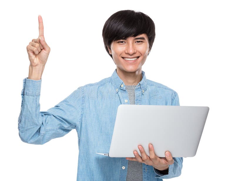 Asian Young Man Laptop Computer Finger Point Up Stock Photos - Free ...