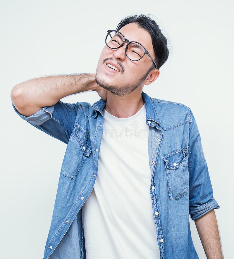 Asian Man Suffering from Pain in Neck. Symptom of Cervical Chondrosis ...
