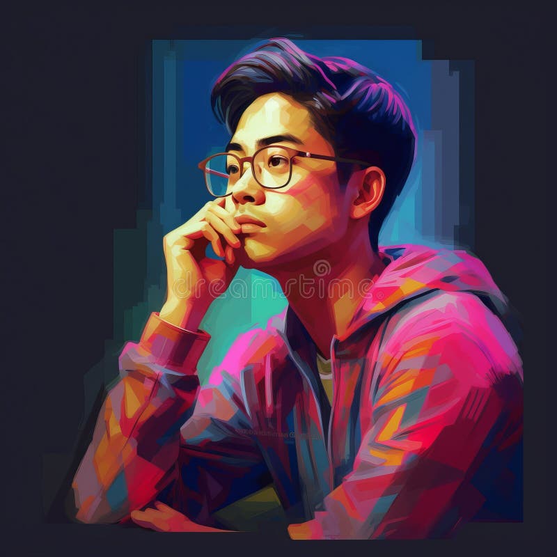 Asian Old Man in Thinking and Doubts Black and White Sketch ...