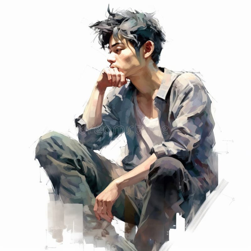 Asian Old Man in Thinking and Doubts Oil Painted Illustration. Stock ...