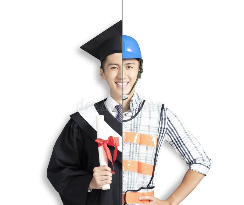 Asian Man in Two Occupations of Engineer and Graduation Stock Image ...