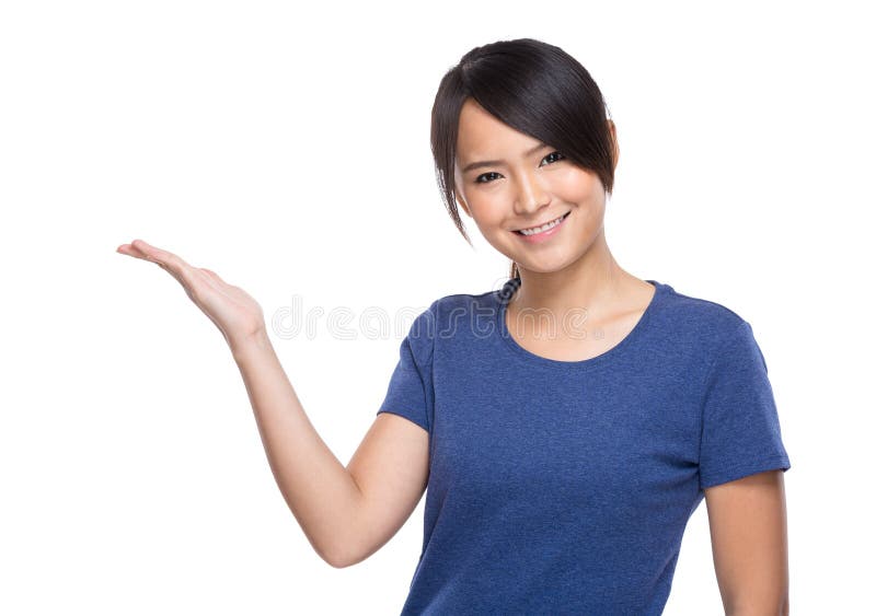 Asian Young Woman with Presentation Hand Stock Photo - Image of shirt ...
