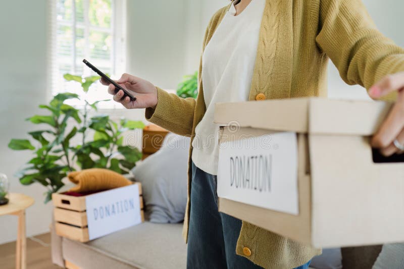 Asian Young Woman Using Mobile Donate Box Second Hand Clothes Stock ...