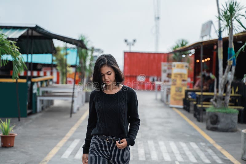 Asian Young Woman Walk Look Down Stock Image - Image of fashionable ...