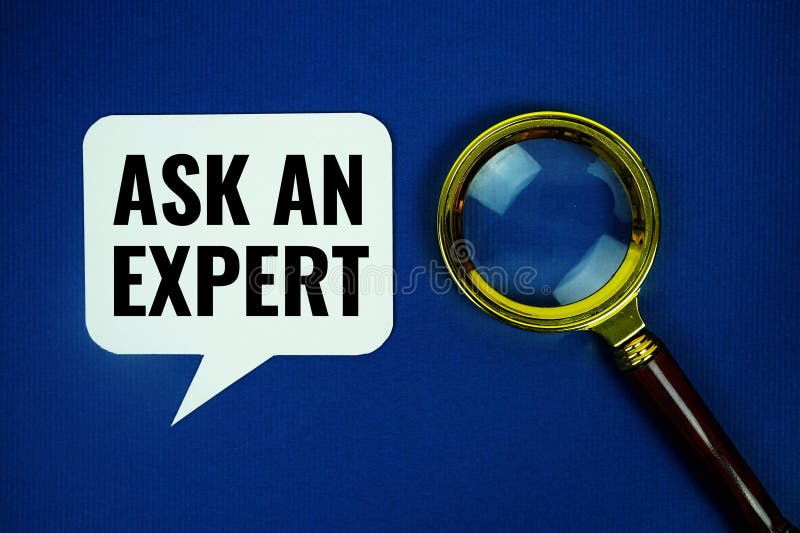 Ask an Expert Text on Speech Bubble with Magnifying Glass Top View on Blue Background Stock ...