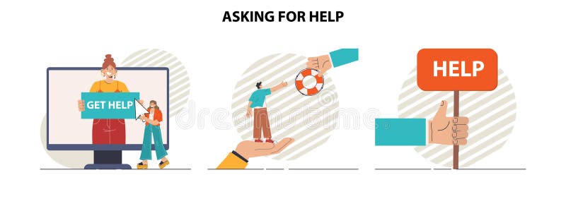 Asking for Help Concept Set. Character Seeking Support from Other Stock ...