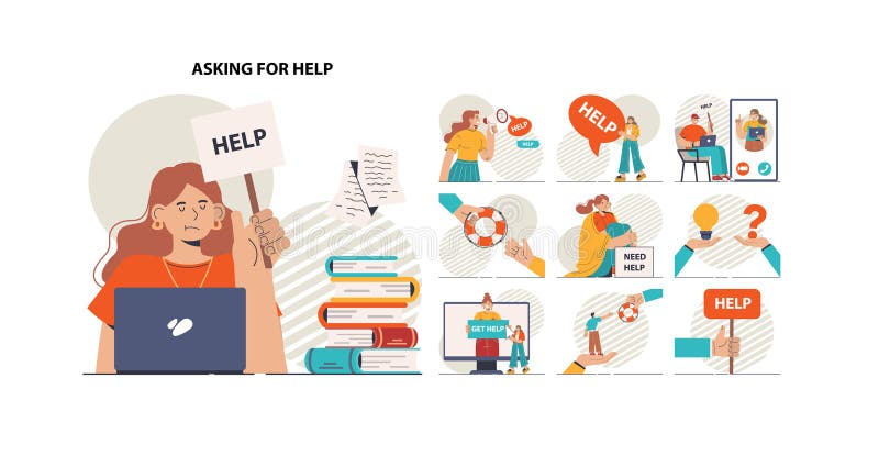 Asking for Help Concept Set. Character Seeking Support from Other Stock ...