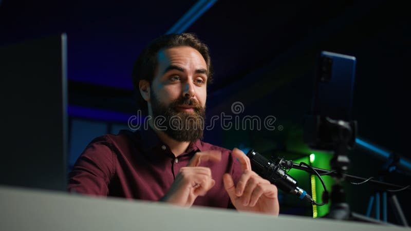 ASMR Content Creator Using Quality Mic and Cellphone on Tripod, Close ...