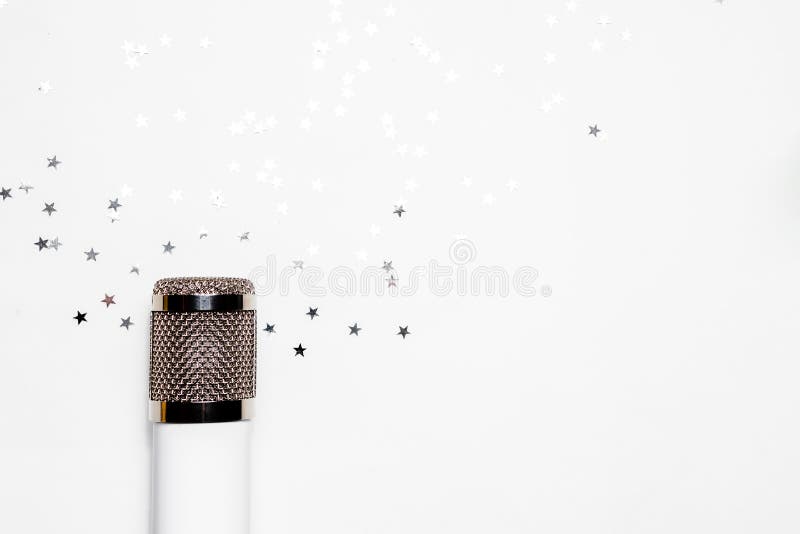 ASMR White Metalic Microphone on White Background with Silver Stars ...
