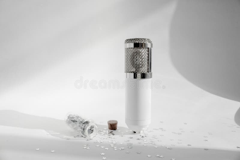ASMR White Metalic Microphone on White Background. Top Horizontal View ...