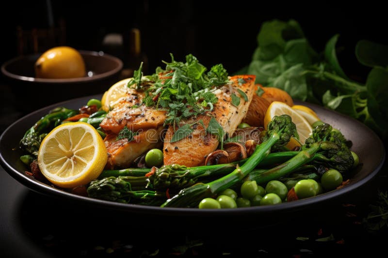 Asparagus and Chicken Served with Potato, Mushroom and Spinach in ...