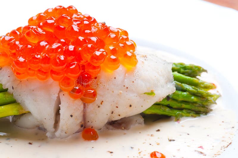 Asparagus with Fish and Red Caviar in Creamy Sauce Stock Image - Image ...