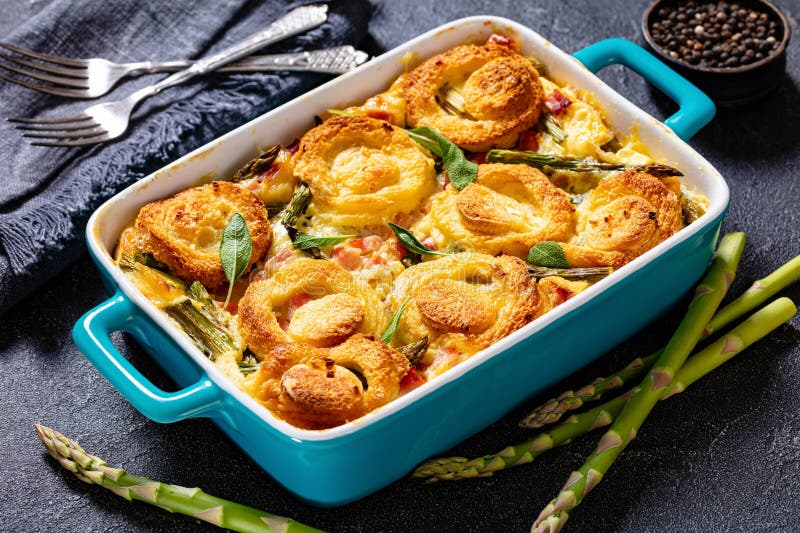 Asparagus Ham Strata with Sponge Cake Circles Stock Image - Image of ...