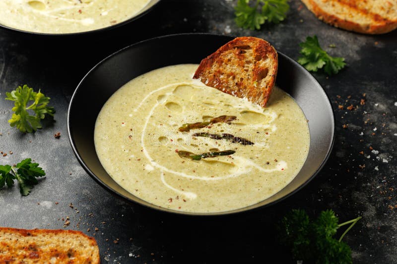 Asparagus and Mint Cream Soup with Sour Dough Toast Bread Stock Image ...