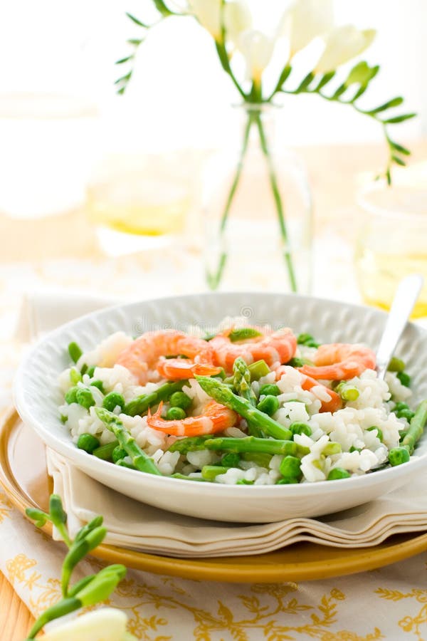 Asparagus shrimp risotto stock image. Image of glass - 13929483