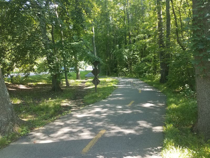 Asphalt Biking Trail with Trees and a Shortcut Path through the Grass ...