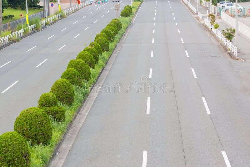 Asphalt Empty Road with Green Bush on Traffic Island. Stock Image ...