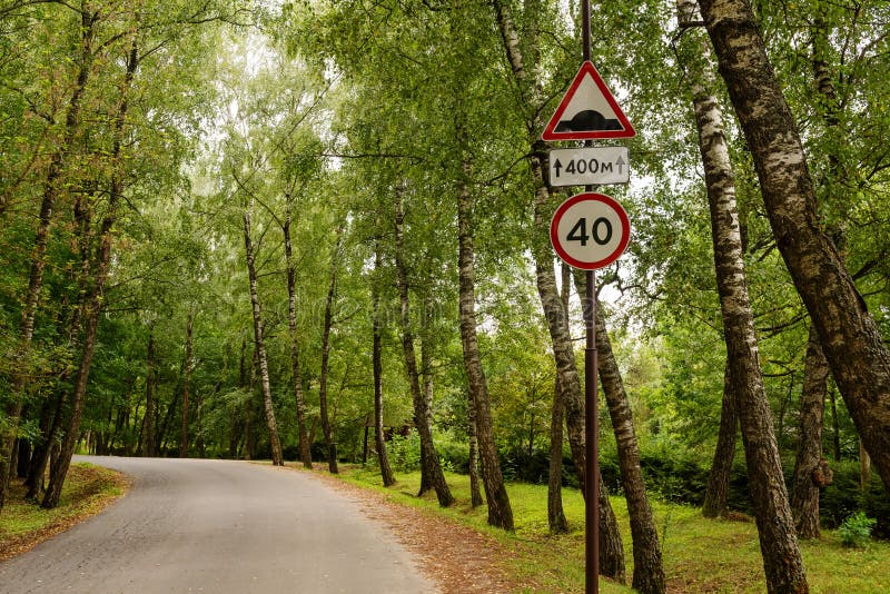 Asphalt Forest Road with Speed Limit Road Sign. Stock Image - Image of ...
