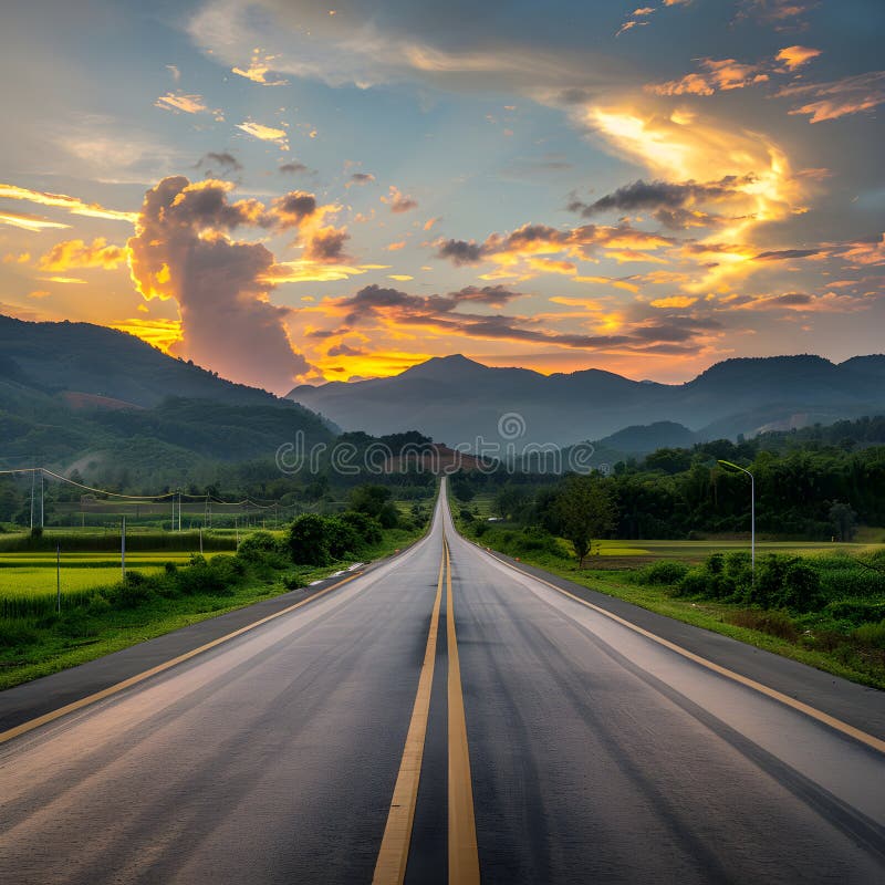 Asphalt Highway Road Leading To the Mountains at Sunset Stock Photo ...