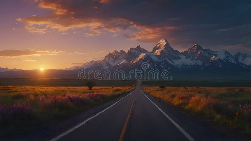 An Asphalt Highway Road Towards Mountains at Sunset Stock Image - Image ...