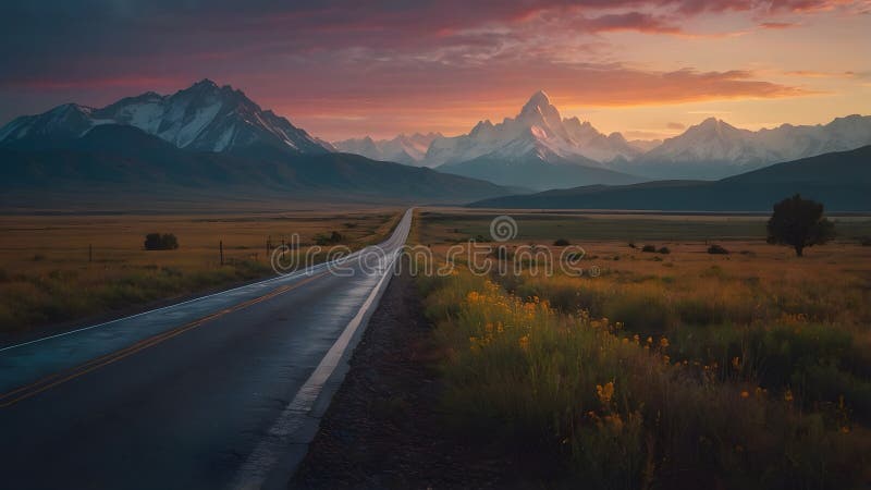 An Asphalt Highway Road Towards Mountains at Sunset Stock Image - Image ...
