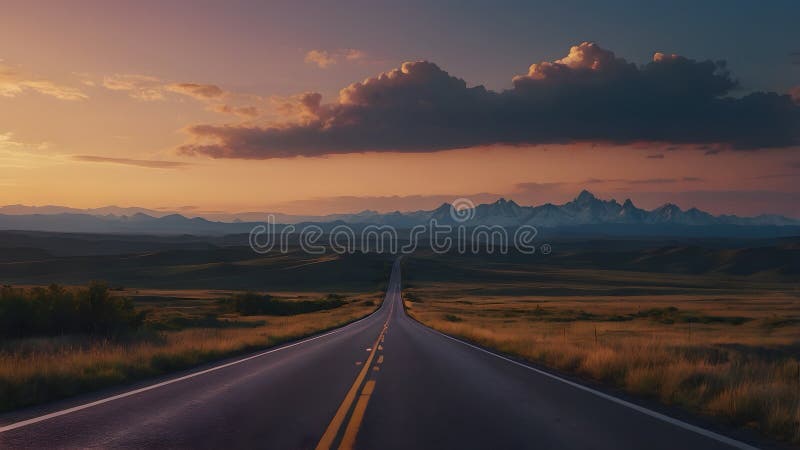 An Asphalt Highway Road Towards Mountains at Sunset Stock Photo - Image ...