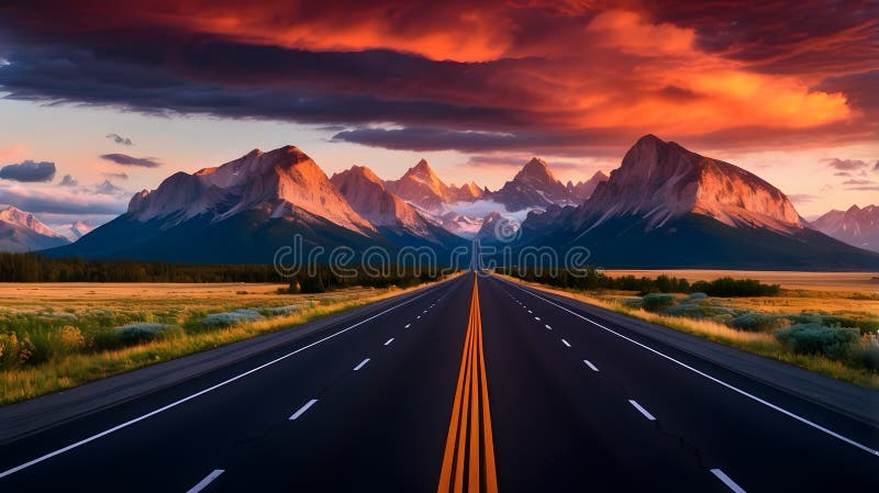 An Asphalt Highway Road Towards Mountains at Sunset Stock Image - Image ...