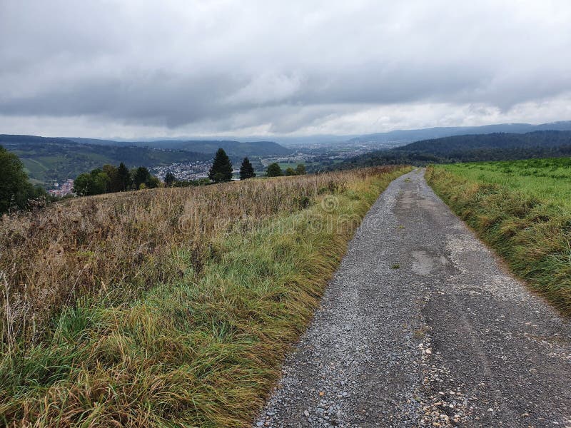 Asphalt Path between a Field with Mountains in the Background on a ...