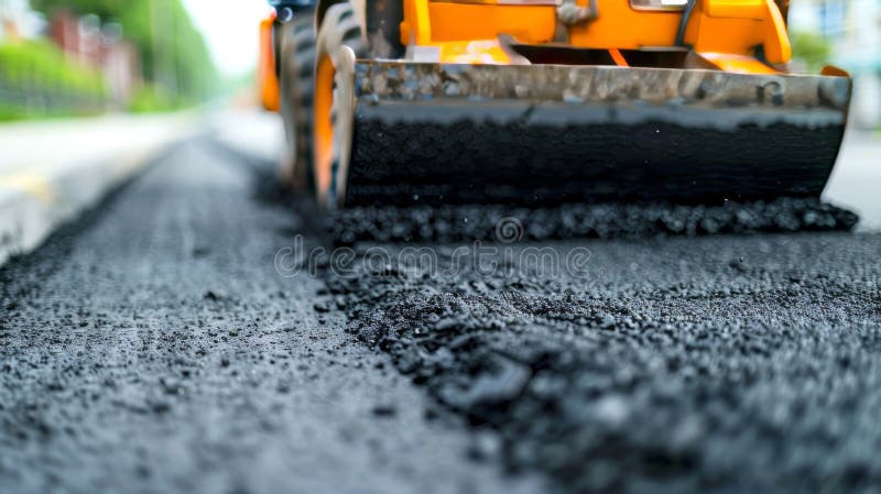 Asphalt Paver in Action, Applying Fresh Asphalt on a Newly Constructed ...