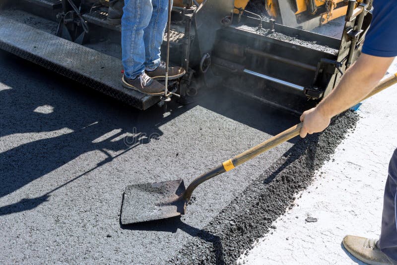 Asphalt Paver Machine and Steam Road Roller during Road Construction ...