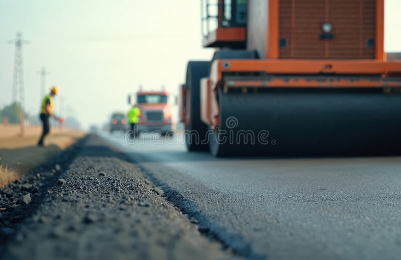 Asphalt Paver Resurfacing Highway. Workers Operate Construction ...