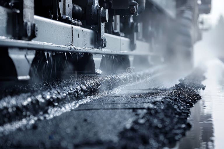 Asphalt Paving Machine Operating Evenly Spreading Black Tar with Focus ...