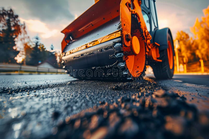Asphalt Paving Machine on the Road at Sunset Stock Illustration ...