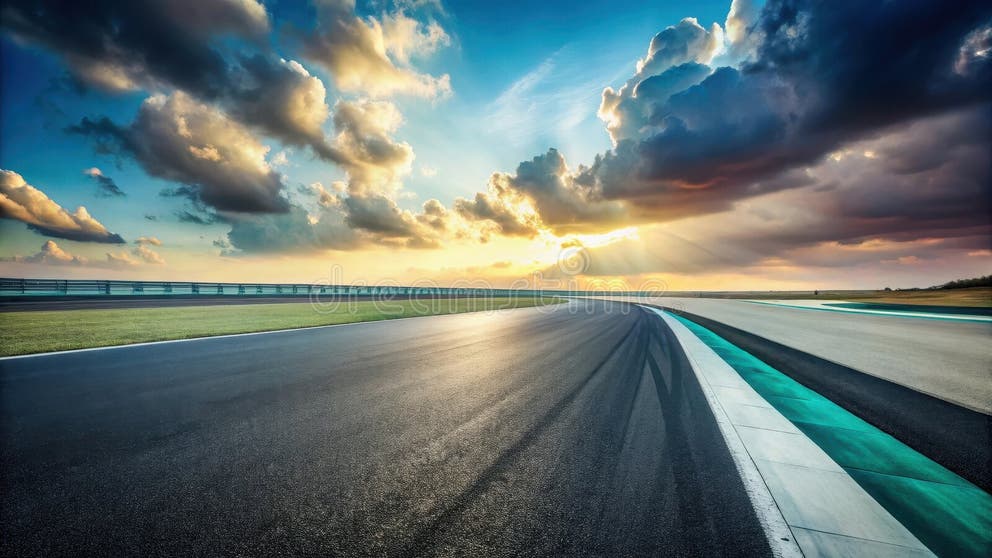 Asphalt Race Track Curve at Sunset with Dramatic Clouds and Sun Rays ...
