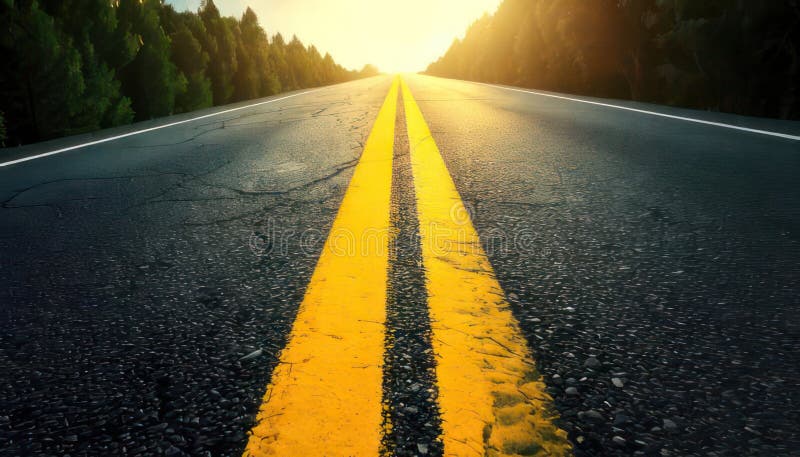 Asphalt Road with Bright Yellow Double Lines and Cracks. Stock ...