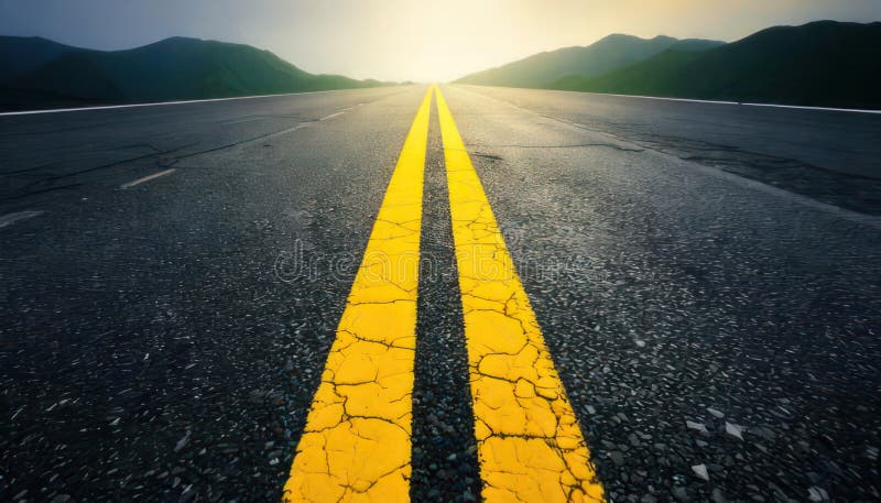 Asphalt Road with Bright Yellow Double Lines and Cracks. Stock ...