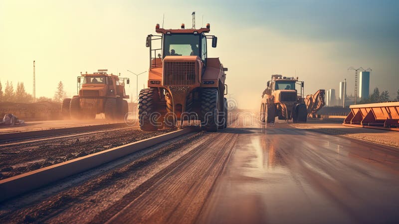 Asphalt Road Construction. Road Workers and Construction Machinery on ...