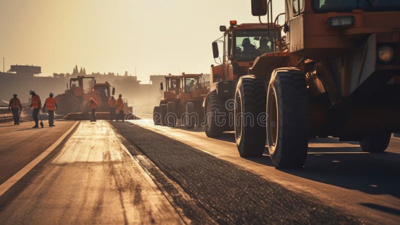 Asphalt Road Construction. Road Workers and Construction Machinery on ...