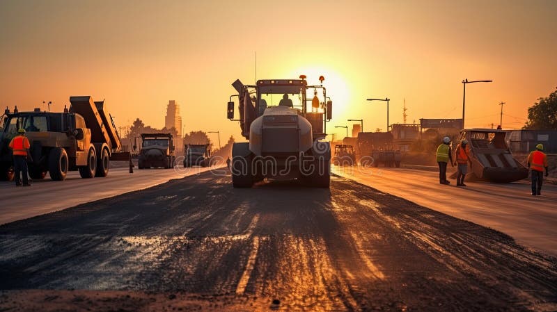Asphalt Road Construction. Road Workers and Construction Machinery on ...