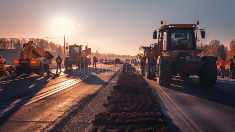 Asphalt Road Construction. Road Workers and Construction Machinery on ...