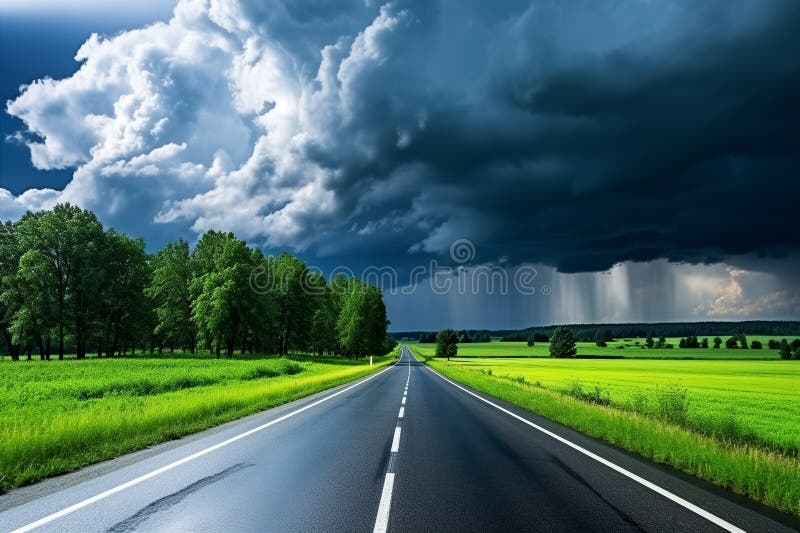 Asphalt Road through the Countryside on a Rainy Day Stock Illustration ...