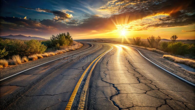 Asphalt Road Curving through a Scenic Landscape at Sunset with Sun Rays ...