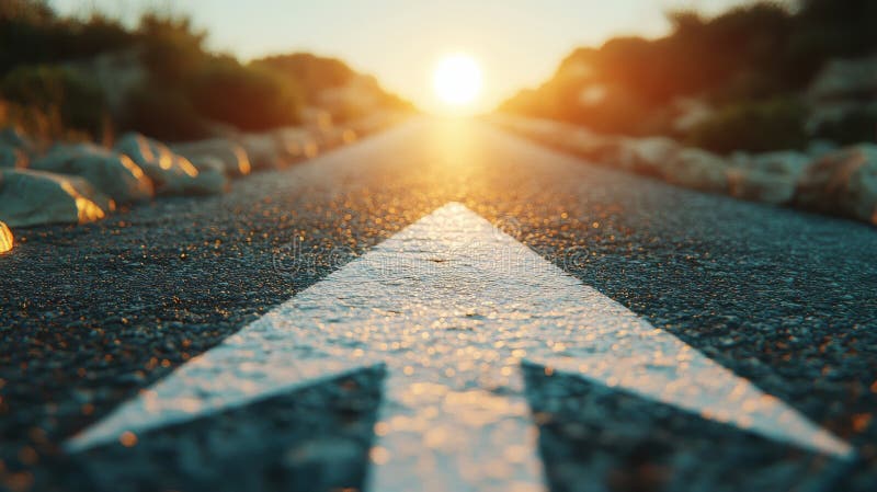 An Asphalt Road Extends into the Distance, with a White Arrow Painted ...