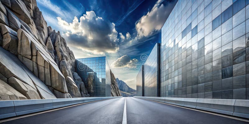 Asphalt Road Flanked by Modern Glass and Rock Structures Under a ...
